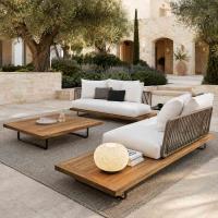 China Teak and Rope Outdoor Lounge Sofa Set with Modular Corner Seating and Powder-Coated Metal Frame for sale