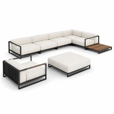 China Black Powder-Coated Aluminum Frame Outdoor Sofa Set with Flexible Modular Corner Layout and Weather-Resistant Ivory Fabric Cushions for sale