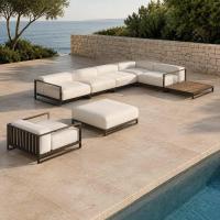 China Black Powder-Coated Aluminum Frame Outdoor Sofa Set with Flexible Modular Corner Layout and Weather-Resistant Ivory Fabric Cushions for sale