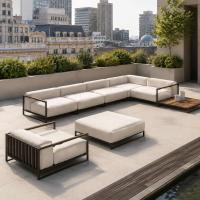 China Black Powder-Coated Aluminum Frame Outdoor Sofa Set with Flexible Modular Corner Layout and Weather-Resistant Ivory Fabric Cushions for sale