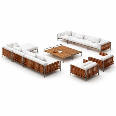 China Teak Slat Frame Outdoor Sofa Set with Charcoal Powder-Coated Metal and Modular Seating for Commercial Projects for sale