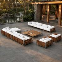 China Teak Slat Frame Outdoor Sofa Set with Charcoal Powder-Coated Metal and Modular Seating for Commercial Projects for sale
