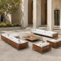 China Teak Slat Frame Outdoor Sofa Set with Charcoal Powder-Coated Metal and Modular Seating for Commercial Projects for sale