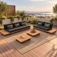 China Low Profile Outdoor Sofa Set with Teak-Look Platform Bases and Powder-Coated Aluminum Frame for sale