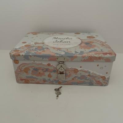 China Lock Key Square Rectangle Tin Box Metal Tinplate Container Size L240*W175*H85mm for Food Gift Cookie Craft Cosmetic for sale
