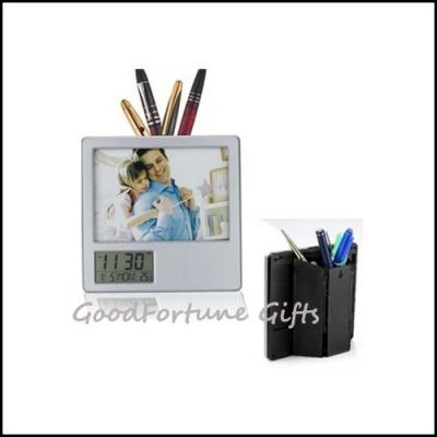 China Multi-functional Desk Fold Calendar Time Temperature Pen Holder With Photo Frame for sale