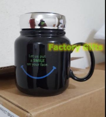 China Black Gloss Ceramic Coffee Mug 11 oz with Mirror Lid Insulated Tote Set for sale