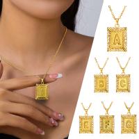 China Stainless Steel Initial Pendant Necklace 18K Gold Letter Charm Rectangle 45cm for sale