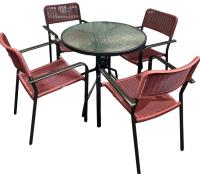 China Steel K / D Glass Round Table And Plastic Wicker Chairs Dining Set 5 for sale