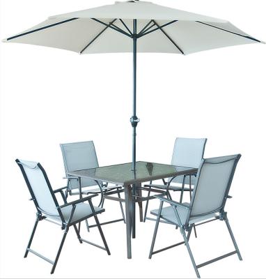 China Full Steel Outdoor Dining Table And Chairs Set With Sun Parasol for sale