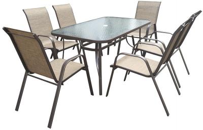 China Steel P Leg Garden Glass Table And Txetilene Stacking Chairs 7 Set for sale