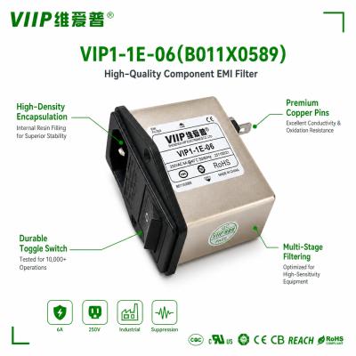 China 3-in-1 IEC Power Entry Module VIP1-1E-06(B011X0589) 6A Single-phase EMI Filter with Fuse Holder & Switch AC 250V Panel Mount for sale