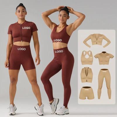 China Ribbed Zipper Women Gym Set 6 Piece Seamless Activewear Plain Dyed for sale