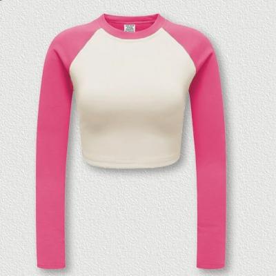China Autumn and Winter American Retro Color Contrast Long Sleeve Short Women&prime;s T-Shirt Support Custom Logo for sale