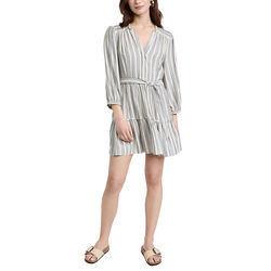 China Ladies Long Sleeve Casual Ruffle V Neck Striped Viscose Mini Dress for Women for sale