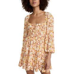 China Ladies Viscose Floral Print Ruffle Hem Scoop Neck Smocked Waist Crepe Dress for Women for sale