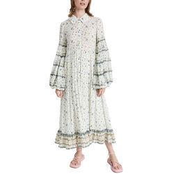 China Ladies Viscose Tiered Maxi Floral Print Long Balloon Sleeve Collared Neck Shirt Dress for Women for sale