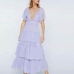 China Fashion Custom Women Clothing Manufacturers Elegant Casual Deep V-Neck Short Sleeve Women Evening Mesh Dresses Maxi Party Dress for sale
