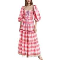 China Ladies Puff Sleeve Dress for Women Ruching Checks Clothing Manufacturers Elegant Cotton Custom Logo Maxi Dress for sale