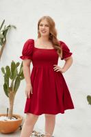 China Large Size Women&prime;s Large Size Solid Color Leisure Holiday Dress Travel Square Collar Play Wrap Bubble Sleeve Dress for sale