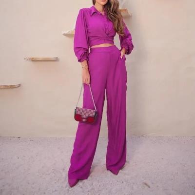 China Wholesale 2023 Spring Fashion Solid Color Single-Breasted Long-Sleeved Shirt High Waist Elastic Pants Women&prime;s Casual Suit for sale