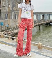 China Straight Fashion Casual Pants Pink Plain Pattern Cotton Material for sale