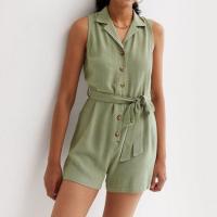 China Custom Summer Women Fashion Blank Sleeveless Button up Belted Playsuit Casual Linen Short Jumpsuit for sale