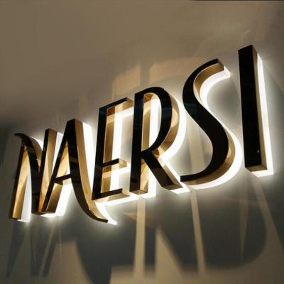 China Custom Stainless Steel Backlit Sign Letters 6000K LED Outdoor Gold 3D Logo Board for sale