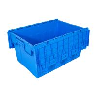 China Warehouse Plastic Moving Crate with Attached Lid Customized Logo Blue Organization for sale