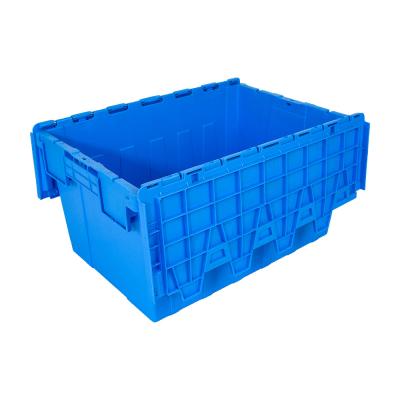 China Warehouse Plastic Moving Crate with Attached Lid Customized Logo Blue Organization for sale