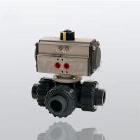 China PVC Pneumatic Three-Way Ball Valve with ISO5211 Direct Mount, 0.25-0.8 MPa Air Pressure, -40°C to +180°C Temperature Range for sale