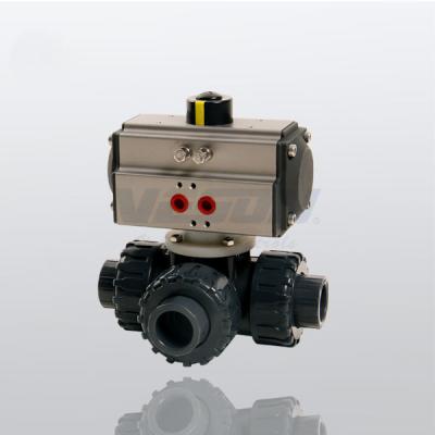 China PVC Pneumatic Three-Way Ball Valve with ISO5211 Direct Mount, 0.25-0.8 MPa Air Pressure, -40°C to +180°C Temperature Range for sale