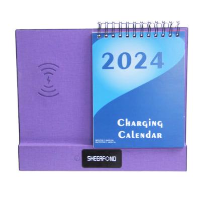 China Custom PU Leather 365 Day Wireless Charging Desk Calendar with LED Logo 2024 for sale