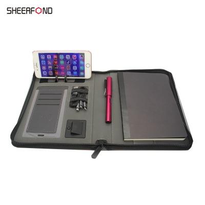 China Luxury A5 PU Leather Wireless charger Notebook With Power Bank for sale