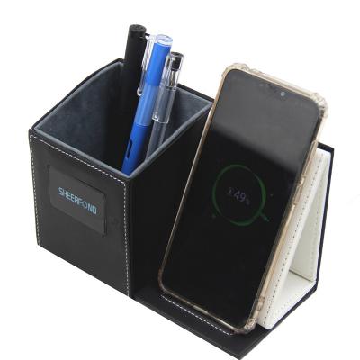 China Pen Holder Wireless Charger Multifunctional Desktop Leather Wireless Charger Stand for sale