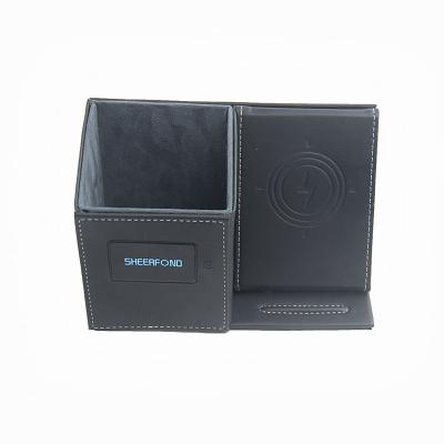 China Wireless Charging Pen Holder 10W Leather Desk Organizer with Custom LED Logo for sale