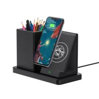 China OEM Custom Logo 10W Wireless Charging Pen Holder Desk Organizer PU Leather for sale