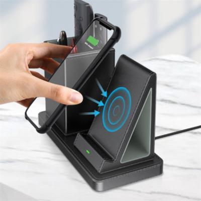China OEM Custom Logo 10W Wireless Charging Pen Holder Desk Organizer PU Leather for sale