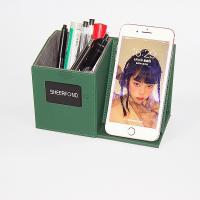 China Multipurpose Leather Pencil Holder Desk Wireless Charging LED Custom Logo PU Leather Pen Holder for sale