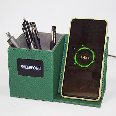 China Multipurpose Leather Pencil Holder Desk Wireless Charging LED Custom Logo PU Leather Pen Holder for sale