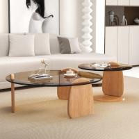 China Exquisite Round Glass Combination Coffee Table With Wooden Leg for sale