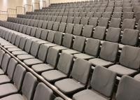 China Conference Hall Comfortable Telescopic Seat Folding Chairs With Fabric Upholstered for sale