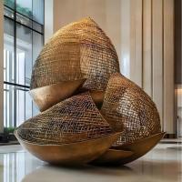 China Golden Woven-Mesh Egg Sculptures with Boat Accent-Stainless Steel Mascot Art Installation for Luxury Interiors for sale