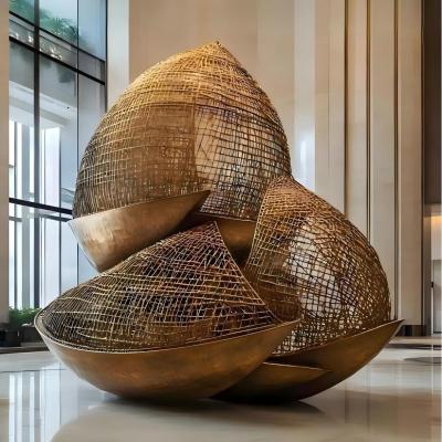 China Golden Woven-Mesh Egg Sculptures with Boat Accent-Stainless Steel Mascot Art Installation for Luxury Interiors for sale