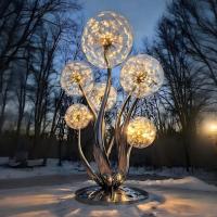 China LED Illuminated Stainless Steel Dandelion Sculpture with Polished Mirror Surface Hand Forged/Laser Cut Mascot Art for sale