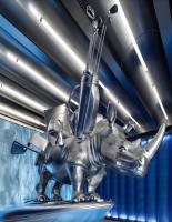 China Metallic Rhino Sculpture with Travel Luggage Set-Artistic Resin Statue for Modern Interior Office Cemetery Decor for sale