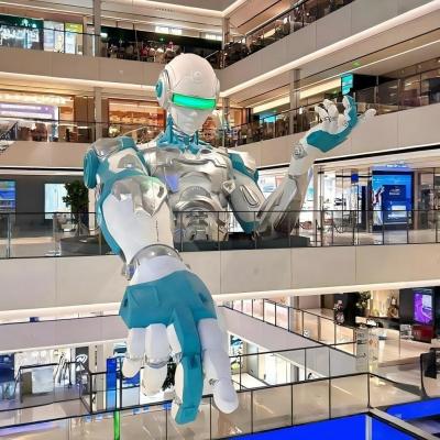 China Giant Cybernetic Human Resin Sculpture Glowing Teal Joints Futuristic Centerpiece for Church Park Commercial Spaces for sale