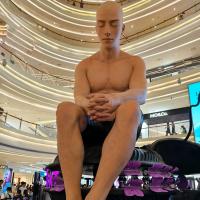 China Life-Size Modern Sitting Bald Man Wave Resin Sculpture-Eye-Catching Public Art UV Coating Customizable for Indoor/Outdoor for sale