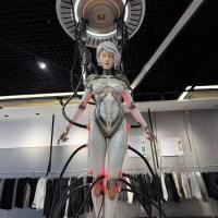 China Custom Retail Shopping Mall Lobby LED Orbit Ring Installation Chrome Display Steel Acrylic Cyber Angel Robot Female Mascot for sale