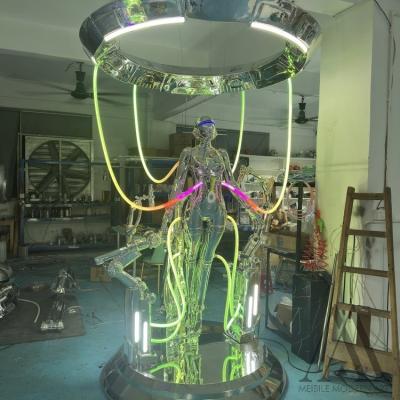 China Hotel Lobby Stage Event Decor RGB Lighting Fiberglass Futuristic Mecha Muse Artpiece Cyber Girl Kinetic Art Installation for sale